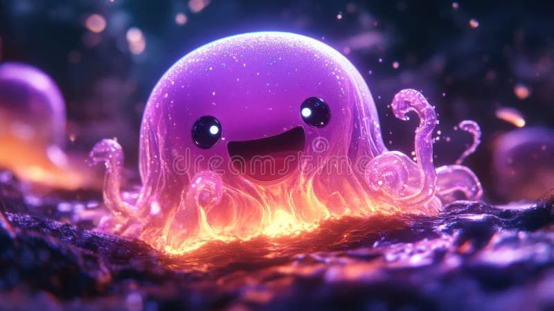 Happy Glowing Purple Creature in Fire Stock Illustration - Illustration ...