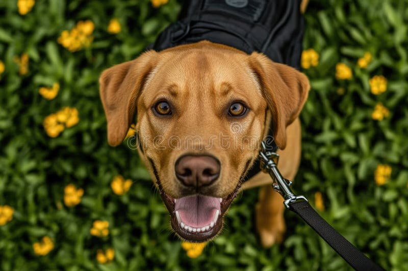 Happy Golden Labrador on Leash in Flower Field Stock Photo - Image of ...
