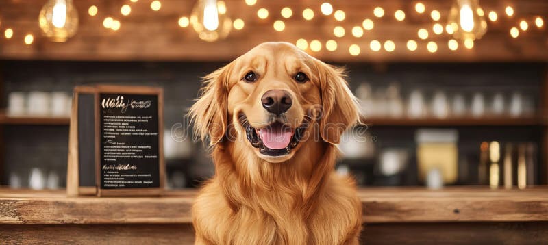 Happy Golden Retriever Posing by Restaurant Menu on Rustic Wooden Bar ...