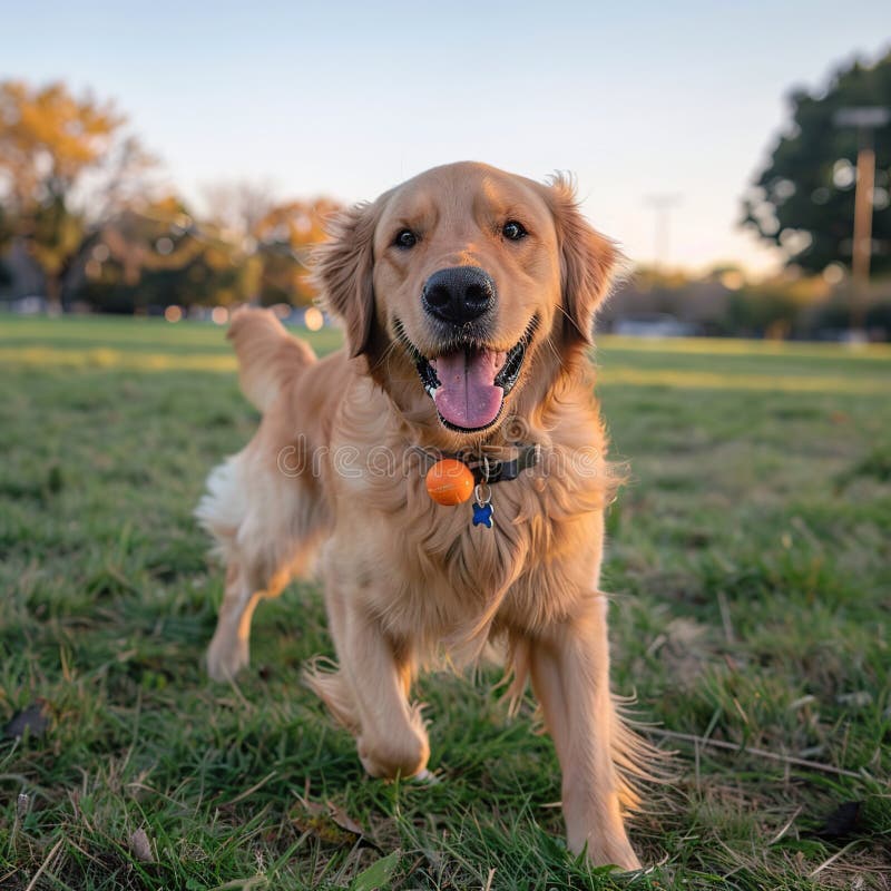 Happy Golden Retriever Running in a Park at Sunset Stock Illustration ...