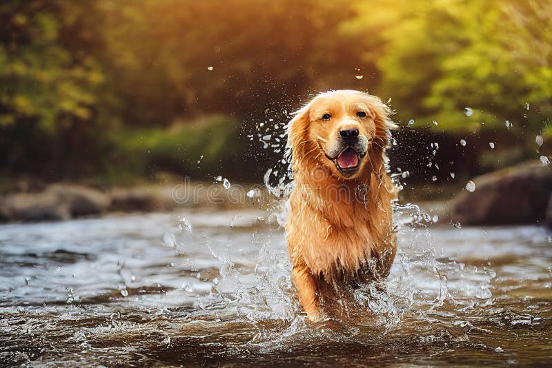 Happy Golden Retriever Splashing in the River. Stock Image - Image of ...