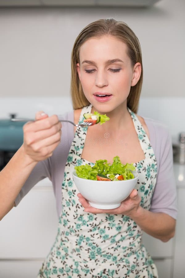 Happy Gorgeous Model Eating Salad Stock Photo - Image of apartment ...