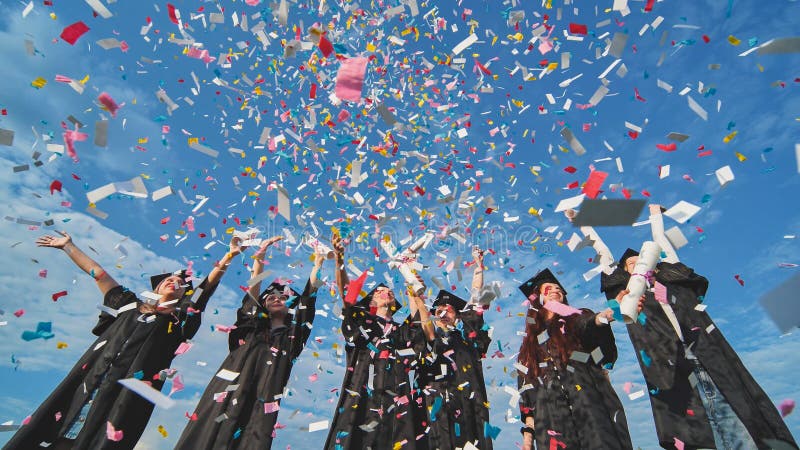 Happy Graduates Throw Colorful Confetti Against a Blue Sky. Stock Photo ...