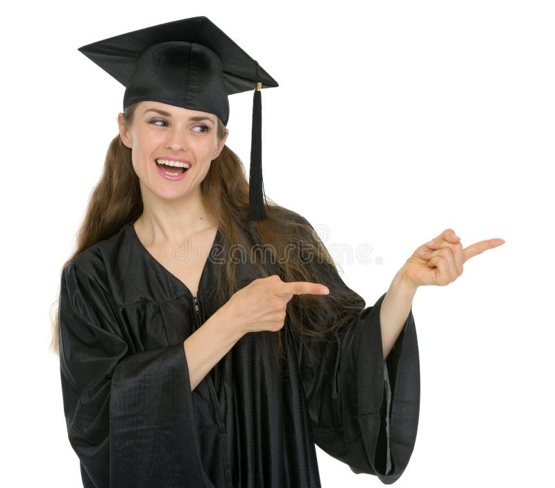 Happy Graduation Student Girl Pointing Sideways Stock Image - Image of ...