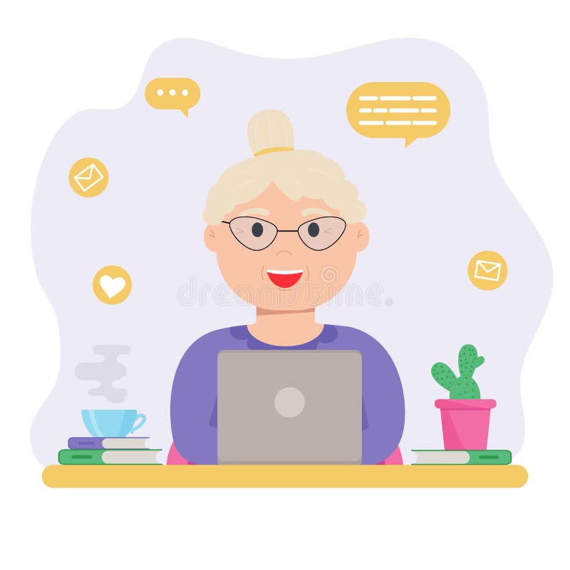 Happy Grandma with Laptop. Old Woman Using Computer To Communicate on ...