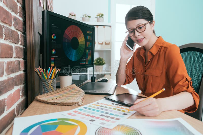 Happy Graphic Designer Using Mobile Smartphone Stock Photo - Image of ...