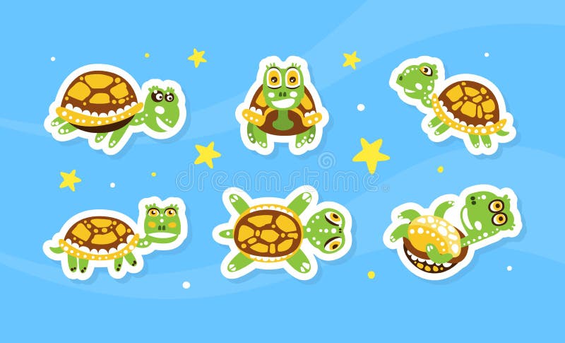 Happy Green Turtle with Shell on Starry Background Vector Sticker Set ...