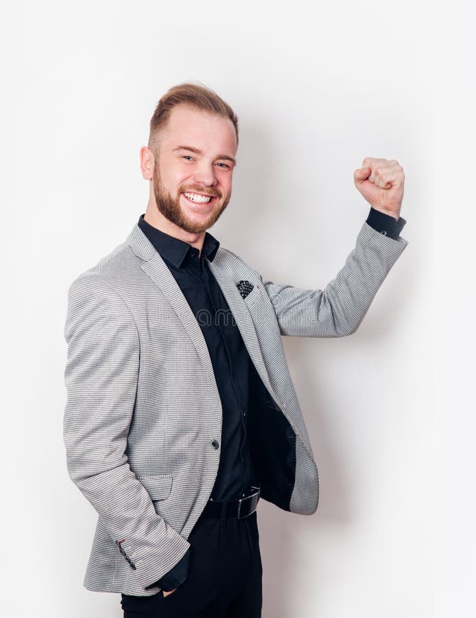 Happy Grey Suit Guy on White Background Stock Photo - Image of male ...