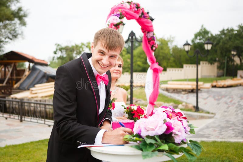 Happy Groom in Wedding Ceremony Stock Image - Image of romance, gown ...