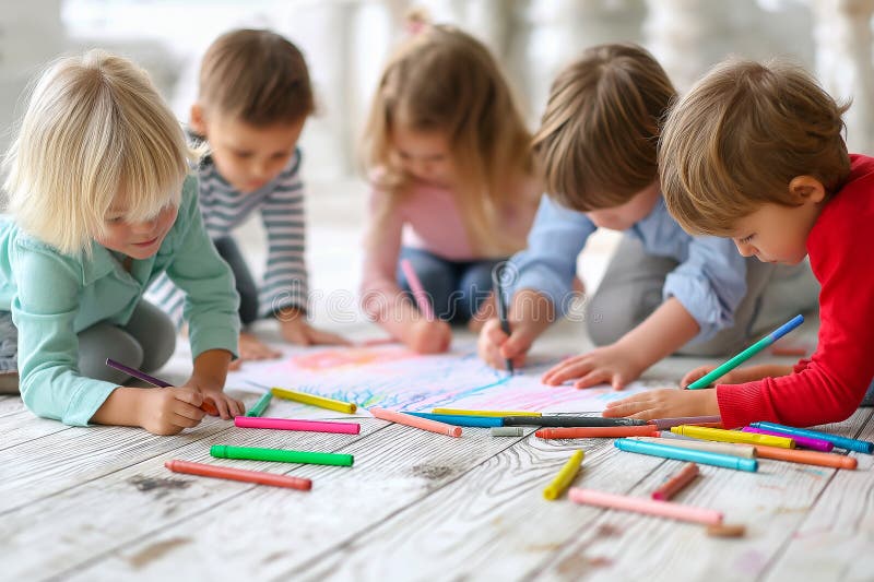 A Happy Group of Children Draws with Crayons on the Floor Stock ...