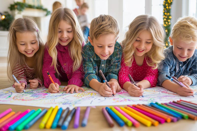 A Happy Group of Children Draws with Crayons on the Floor Stock ...