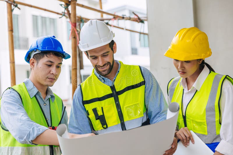 A Group of Construction Team, Construction Workers in Vests and in Hard Hats for Safety. USA ...
