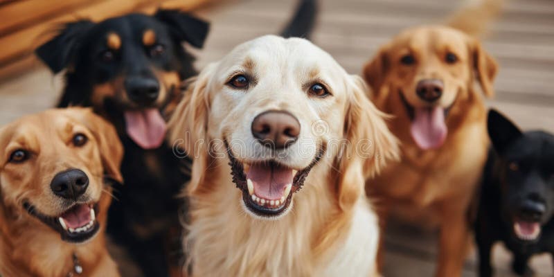 Happy Group of Diverse Dogs Smiling Outdoors Together in Daylight ...