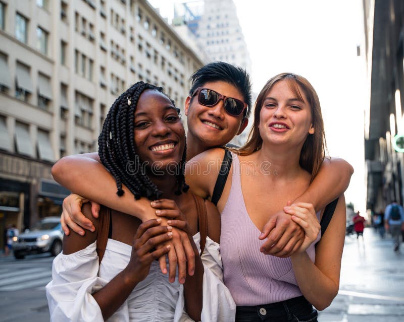 Happy Group of Multi Ethnicity Friends on the Street Stock Image ...
