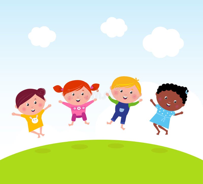 Happy Group of Multicultural Kids Jumping Stock Vector - Illustration ...