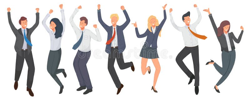 Happy Group of Office Worker Jumping Vector. Cheerful Employees ...