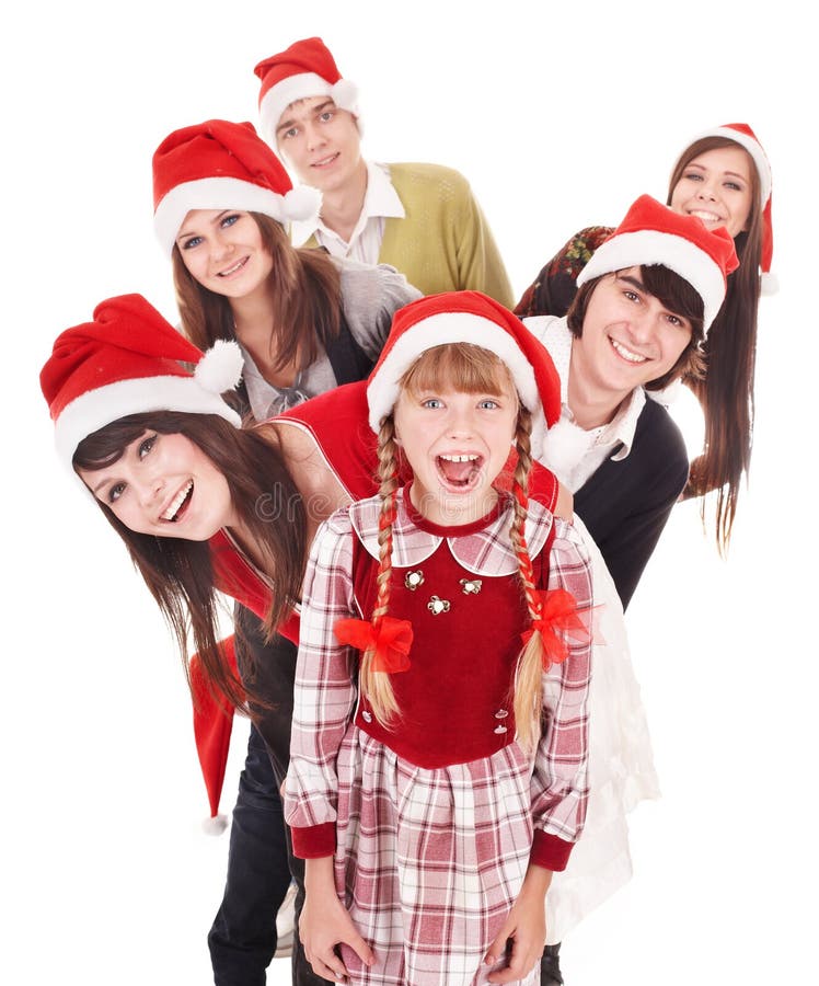 Group People in Santa Hat with Christmas Tree Stock Image - Image of ...
