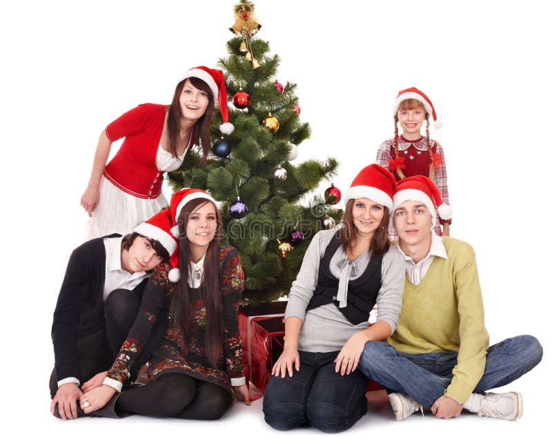 Happy Group People in Santa Hat . Stock Image - Image of xmas, tree ...