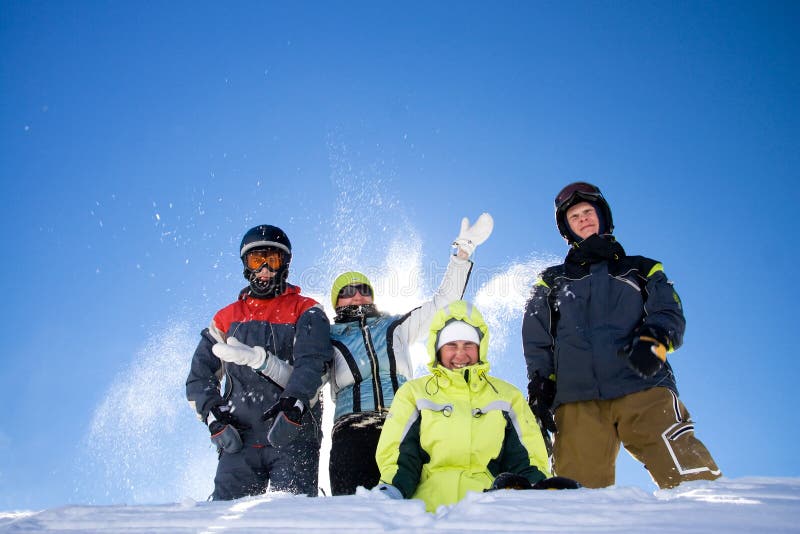 The Happy Group of People Throws a Snow Stock Image - Image of mountain ...