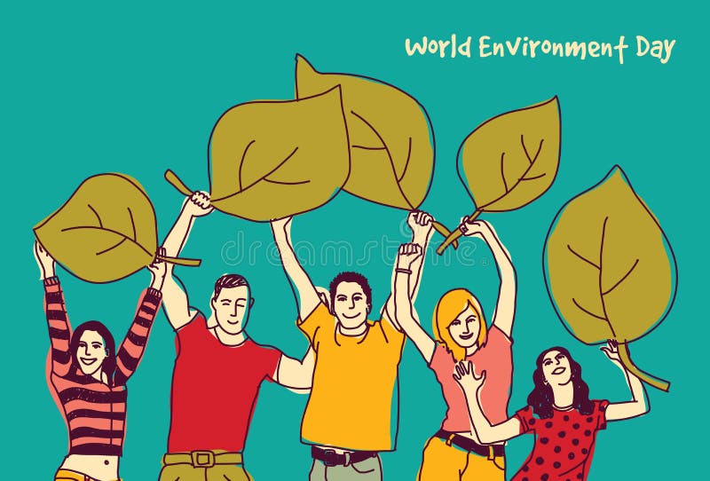 Happy Group People World Environment Day Green Leaf Stock Vector ...