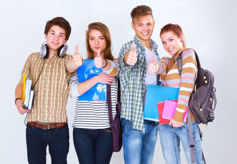 Happy Group of Students Holding Notebooks , on White Background Stock ...