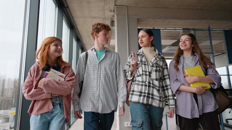 Happy Group of Students Walking in School Stock Video - Video of study ...