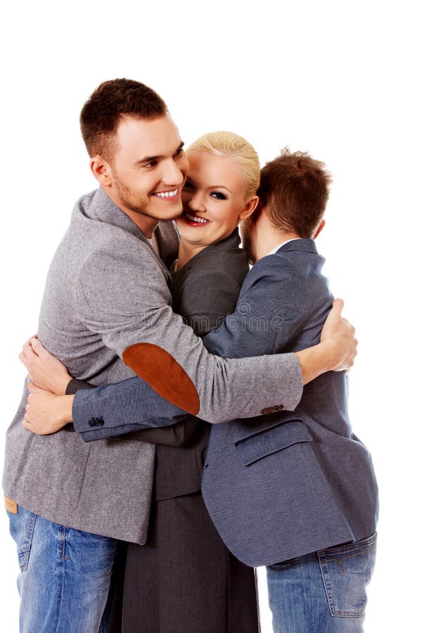 Happy Group of Three People Hugging Stock Image - Image of adults ...