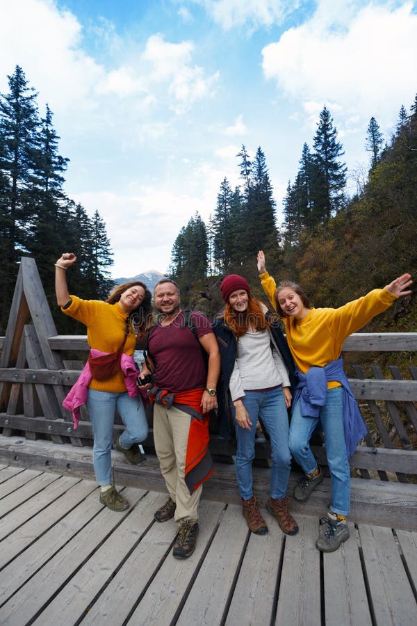 Happy Group of Tourists in the Mountains Stock Image - Image of active ...