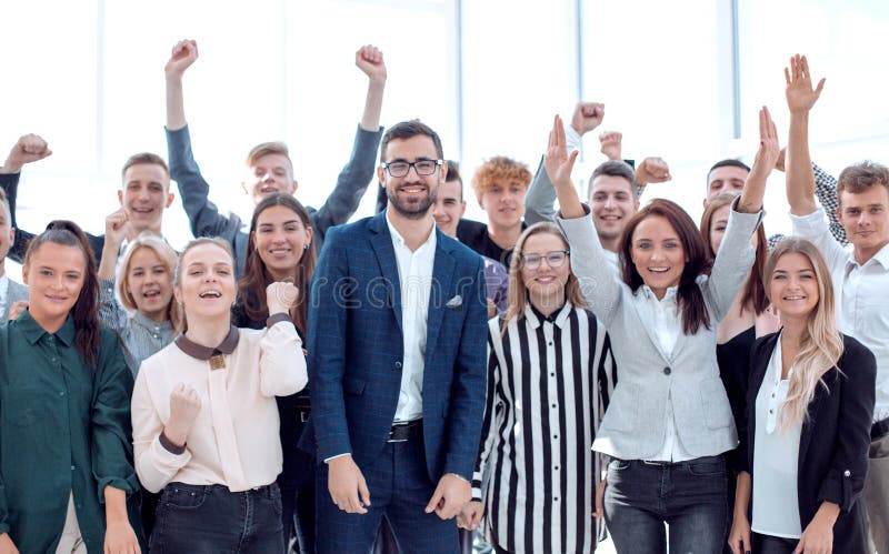 Happy Group of Young Employees with Hands Up Stock Image - Image of ...