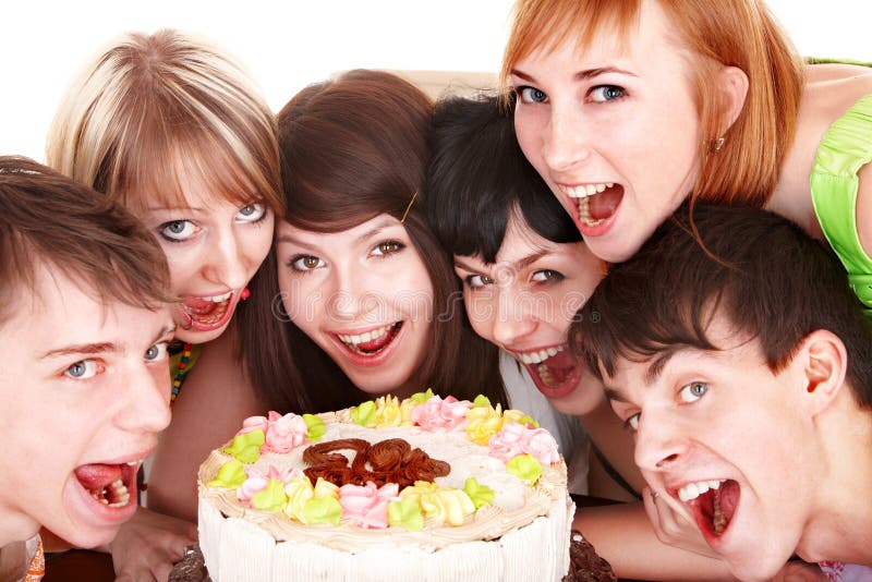 Happy Group of Young People with Cake. Stock Image - Image of cake ...