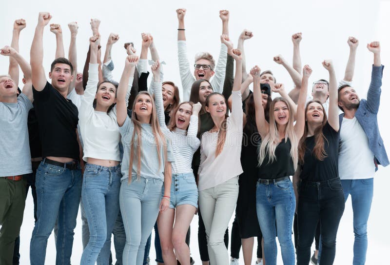 Happy Group of Young People with Hands Up Stock Image - Image of casual ...