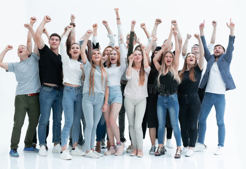 Happy Group of Young People with Hands Up Stock Photo - Image of ...