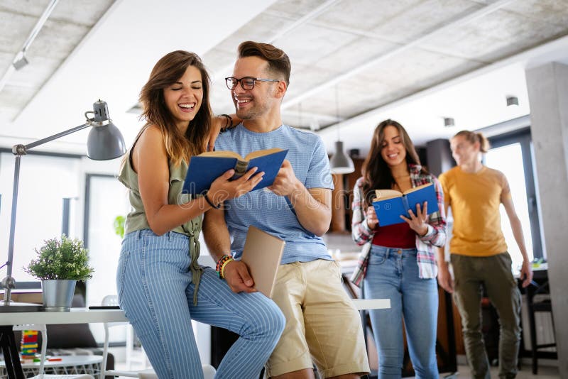 Happy Group of Young Students Studying Together Stock Image - Image of ...