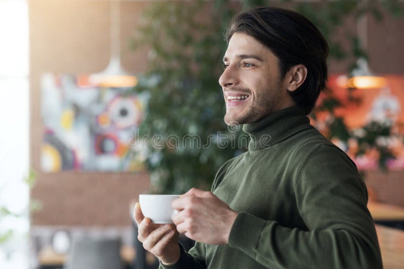 Happy Guy Drinking Tea or Coffee at Cafe Stock Photo - Image of startup ...