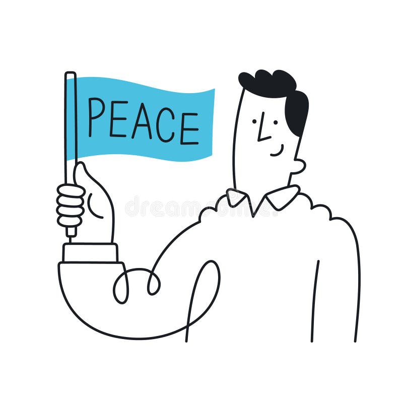 Happy Guy Holding a Peace Flag. Outline, Linear, Thin Line, Doodle Art ...