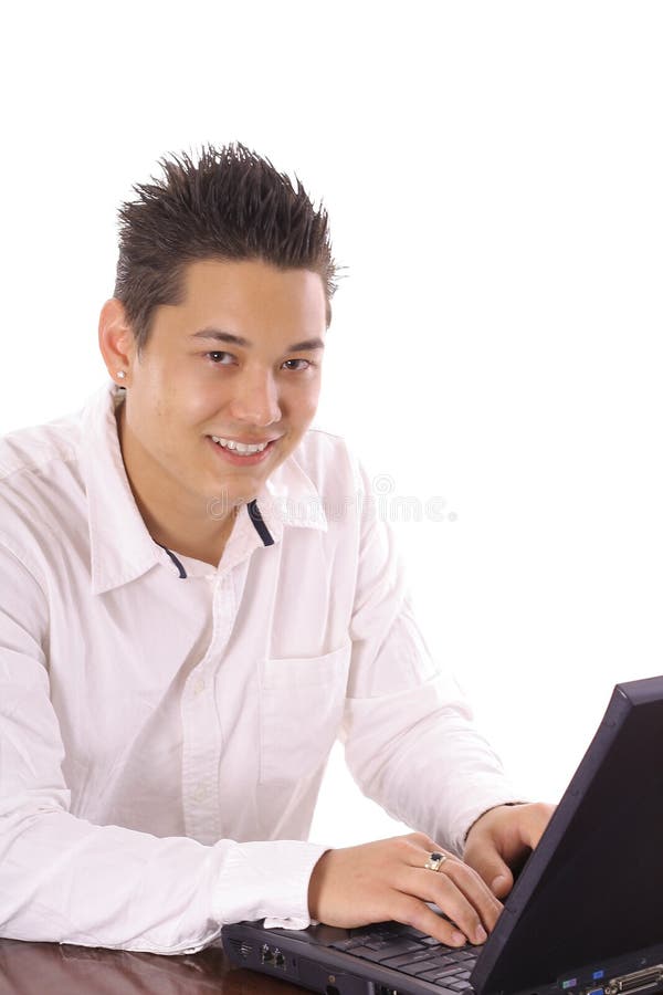Happy guy on laptop stock photo. Image of card, attractive - 42537076