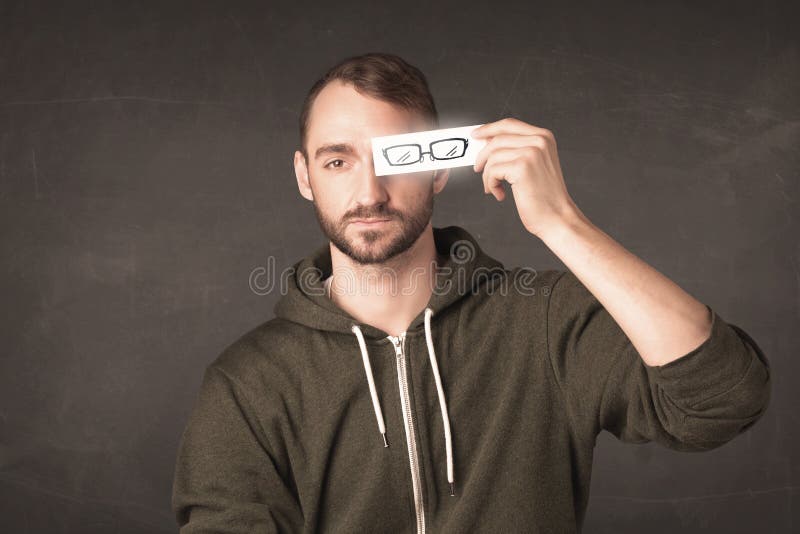 Happy Guy Looking with Paper Hand Drawn Eye Glasses Stock Photo - Image ...