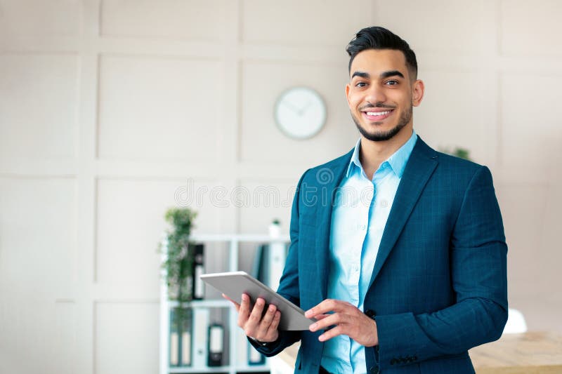 Happy Guy Office Worker in Formal Suit Holding Tablet Computer and ...