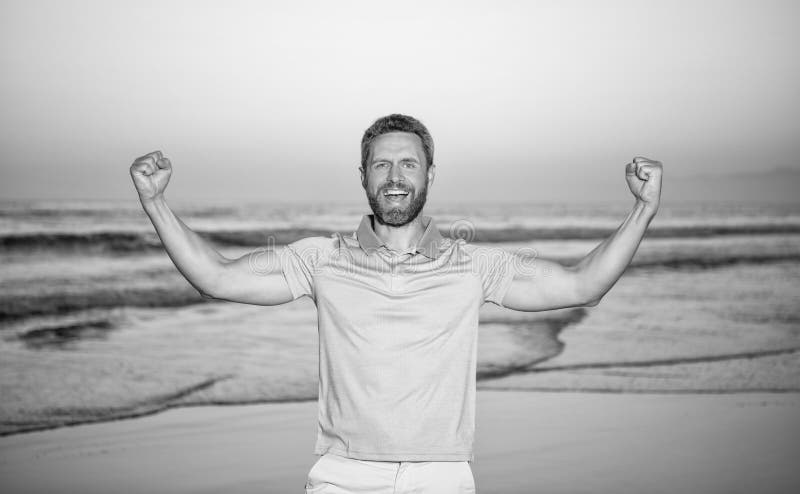 Happy Guy Over the Sea on Sunrise Summer Beach, Emotions Stock Image ...