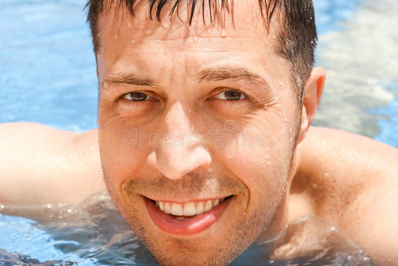 Happy Guy in the Pool by the Sea Stock Image - Image of holiday ...
