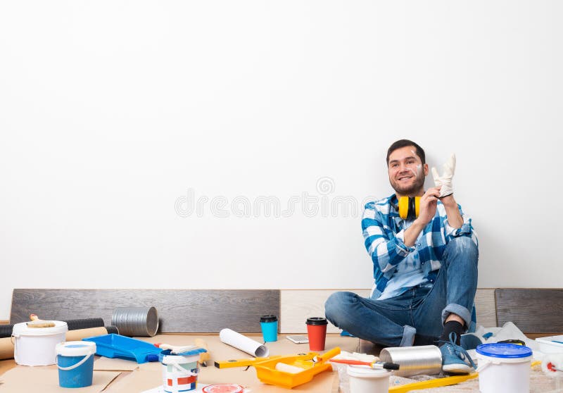 Happy Guy Putting on Rubber Gloves Stock Image - Image of checkered ...