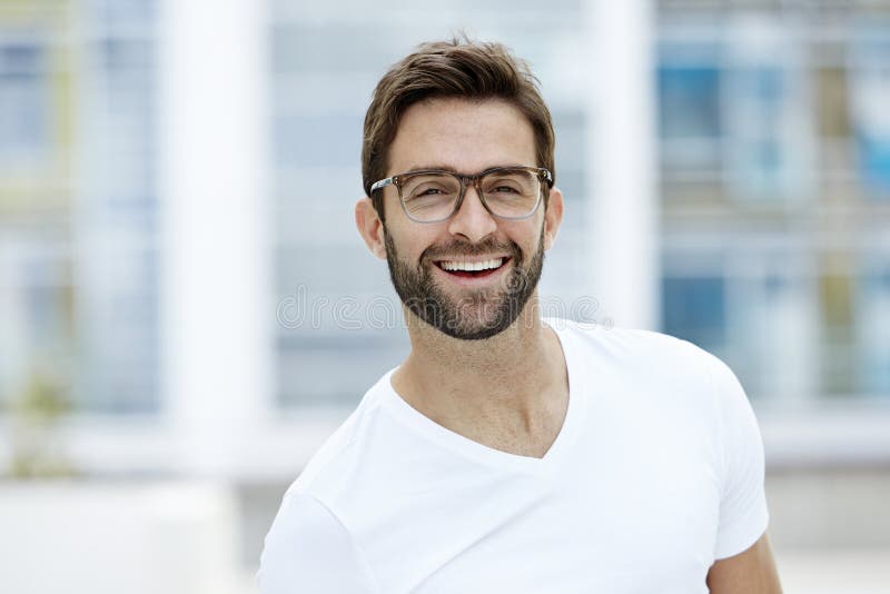 Happy guy in spectacles stock photo. Image of years, beard - 80183040