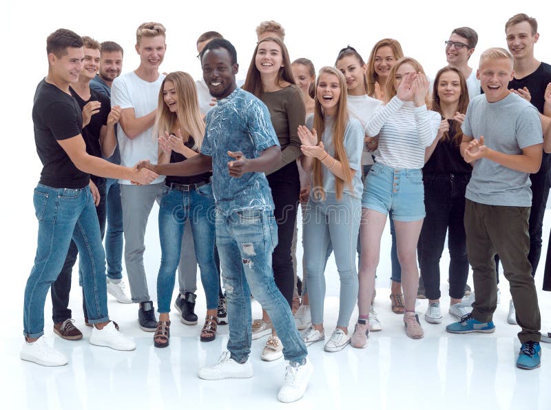 Happy Guy Standing in Front of His Friends Team Stock Image - Image of ...