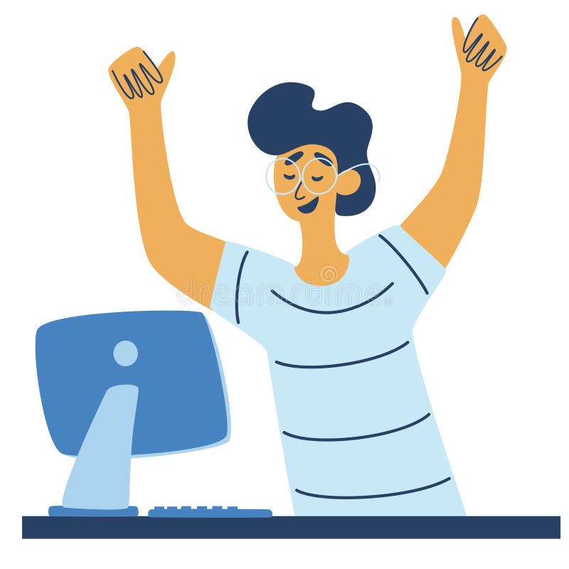 Happy Guy at Table Computer, Successful Employee Vector Character. the ...