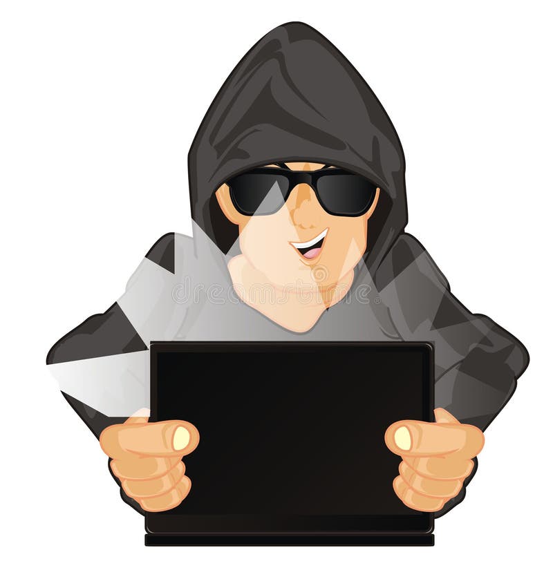 Smiling hacker with laptop stock illustration. Illustration of cartoon ...