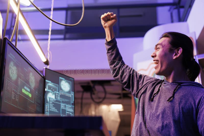 Happy Hacker Making Victory Gesture Stock Photo - Image of website ...