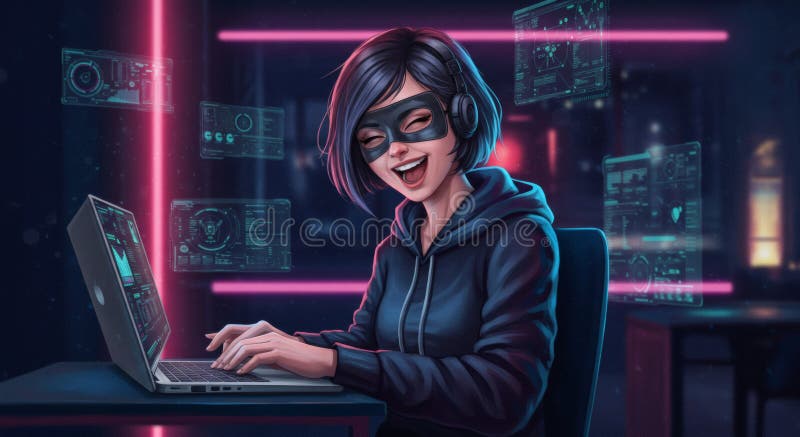 Happy Hacker Working on Laptop with Interface Data Illustration Stock ...
