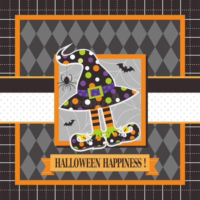 Happy Halloween Card Design with Witch Hat and Spider Stock Vector ...
