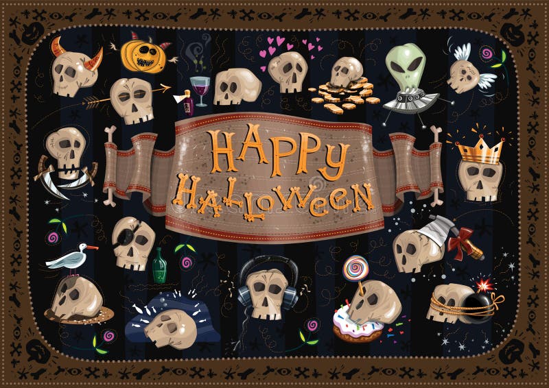 Happy Halloween Card and Skulls Stock Vector - Illustration of october ...