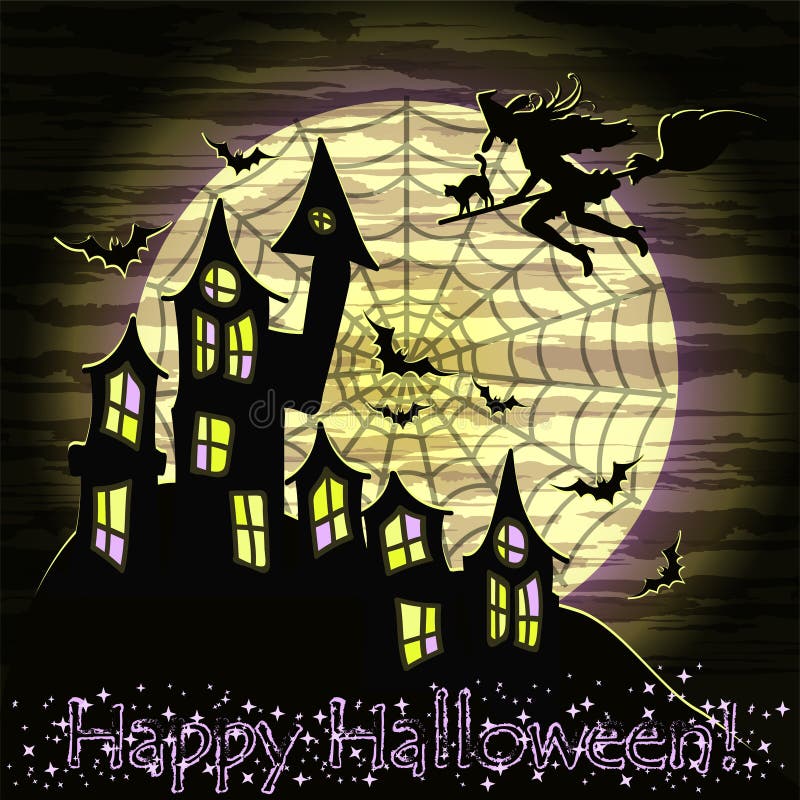 Happy Halloween Card with Witch, Cat and Magic Castle, Stock Vector ...
